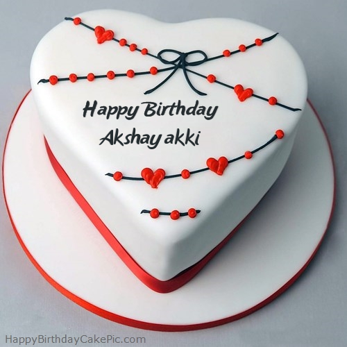 ️ Red White Heart Happy Birthday Cake For Akshay akki
